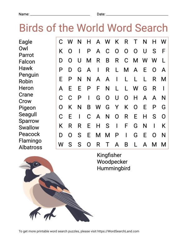 Printable Bird word Search Puzzles (PDF & PNG) - Word Search Land