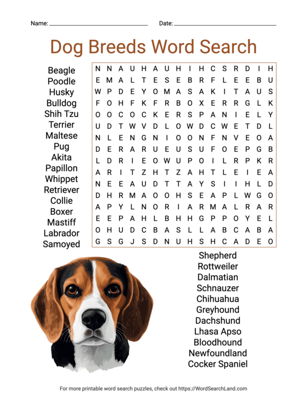 Printable Dog Word Search Puzzles (PDF & PNG) - Word Search Land