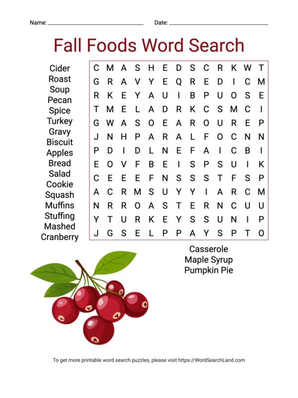 Printable Autumn Word Search Puzzles (PDF & PNG) - Word Search Land