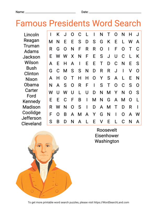 Printable Presidents' Day Word Search Puzzles (PDF & PNG) - Word Search ...