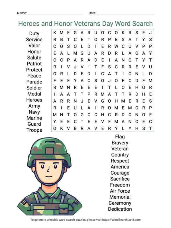 Printable Veterans Day Word Search Puzzles (PDF & PNG) - Word Search Land