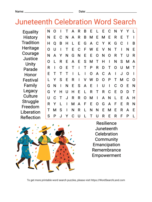 Printable Juneteenth Day Word Search Puzzle (PDF & PNG) - Word Search Land