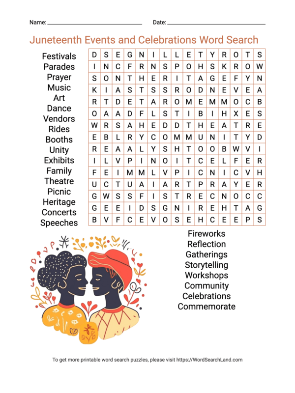 Printable Juneteenth Day Word Search Puzzle (PDF & PNG) - Word Search Land