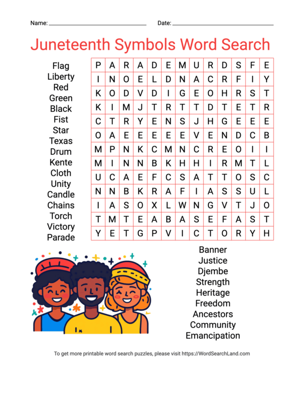 Printable Juneteenth Day Word Search Puzzle (PDF & PNG) - Word Search Land