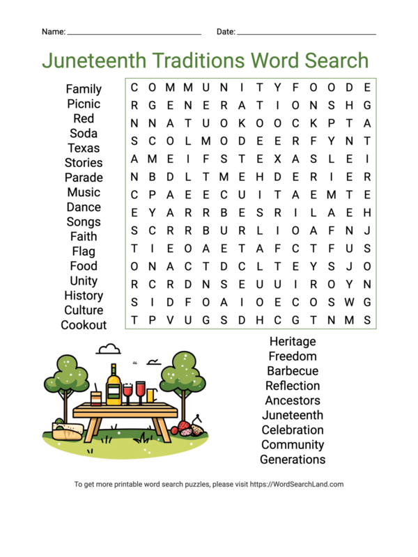 Printable Juneteenth Day Word Search Puzzle (PDF & PNG) - Word Search Land