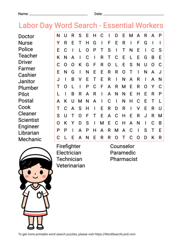 Printable Labor Day Word Search Puzzles (PDF & PNG) - Word Search Land