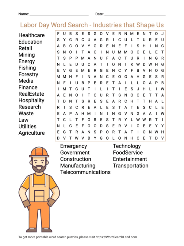 Printable Labor Day Word Search Puzzles (PDF & PNG) - Word Search Land