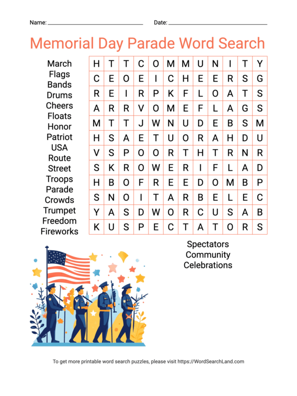 Printable Memorial Day Word Search Puzzles (PDF & PNG) - Word Search Land
