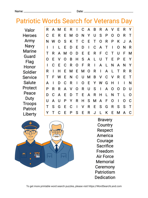 Printable Veterans Day Word Search Puzzles (PDF & PNG) - Word Search Land