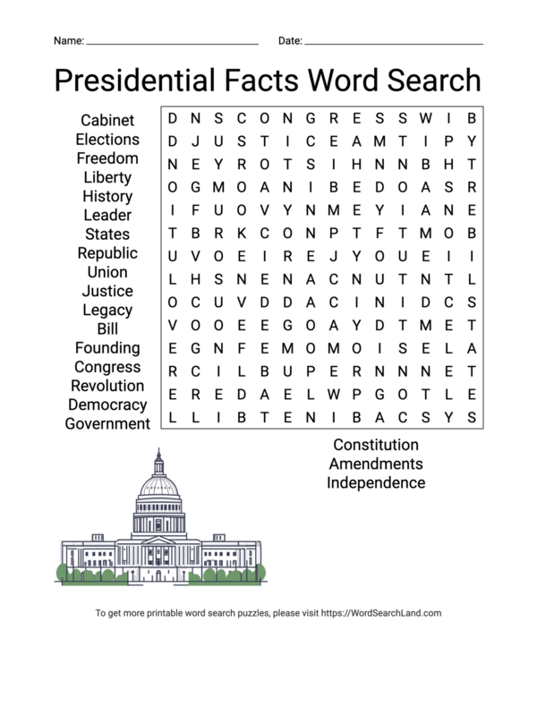 Printable Presidents' Day Word Search Puzzles (PDF & PNG) - Word Search Land