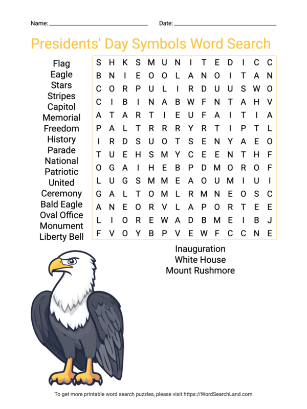 Printable Presidents' Day Word Search Puzzles (PDF & PNG) - Word Search ...