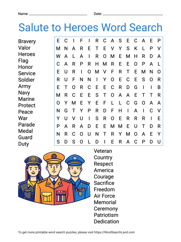 Printable Veterans Day Word Search Puzzles (PDF & PNG) - Word Search Land