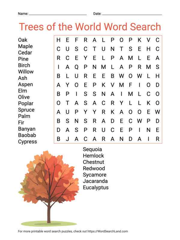 Printable Tree Word Search Puzzles (PDF & PNG) - Word Search Land