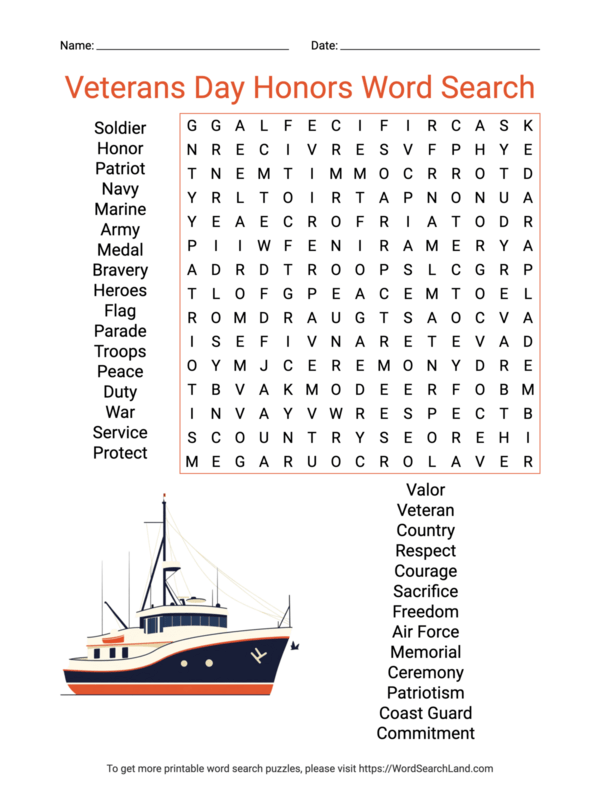 Printable Veterans Day Word Search Puzzles (PDF & PNG) - Word Search Land