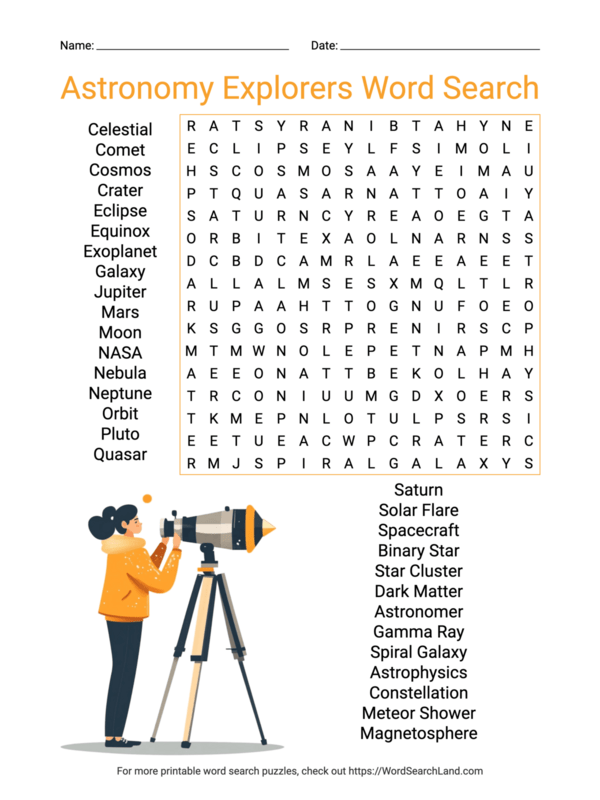 Printable Space and Astronomy Word Search Puzzles (PDF & PNG) - Word ...