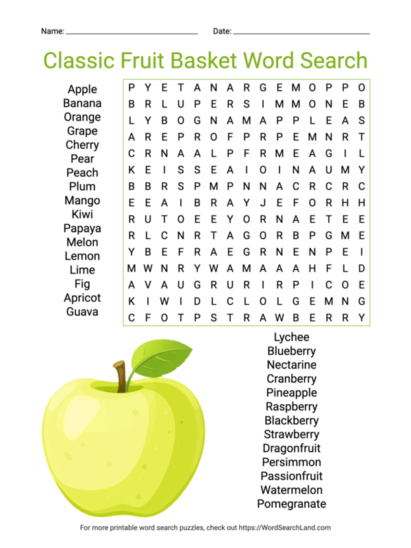 Printable Fruit Word Search Puzzles (PDF & PNG) - Word Search Land