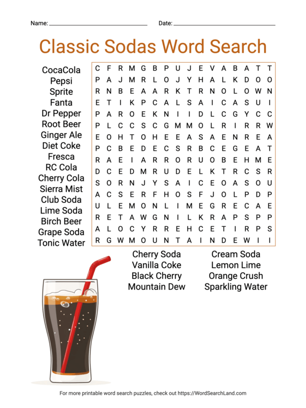 Printable Drinks Word Search Puzzles (PDF & PNG) - Word Search Land