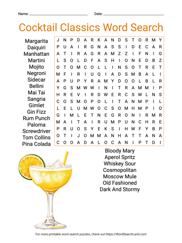 Printable Drinks Word Search Puzzles (PDF & PNG) - Word Search Land