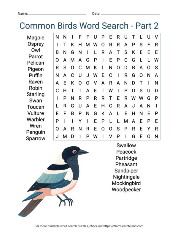 Printable Bird word Search Puzzles (PDF & PNG) - Word Search Land