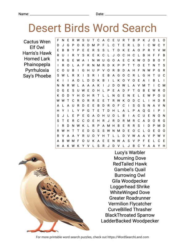 Printable Bird word Search Puzzles (PDF & PNG) - Word Search Land