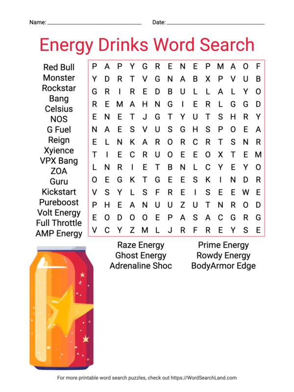 Printable Drinks Word Search Puzzles (PDF & PNG) - Word Search Land
