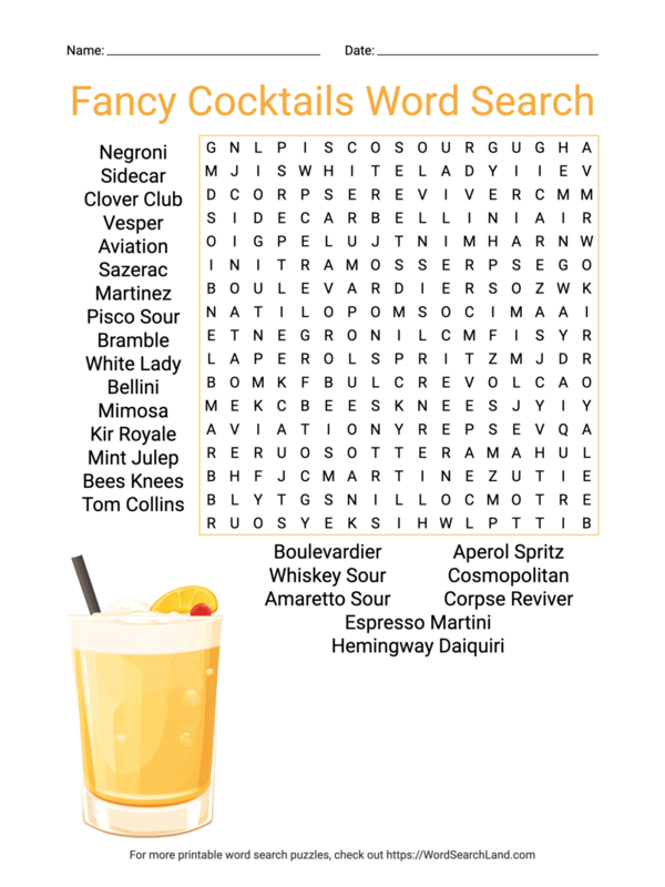Printable Drinks Word Search Puzzles (PDF & PNG) - Word Search Land