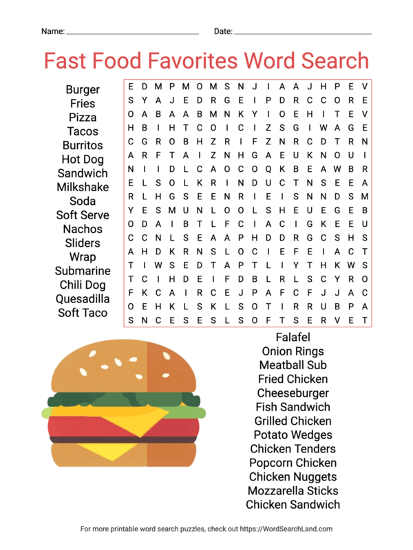 Printable Food Word Search Puzzles (PDF & PNG) - Word Search Land