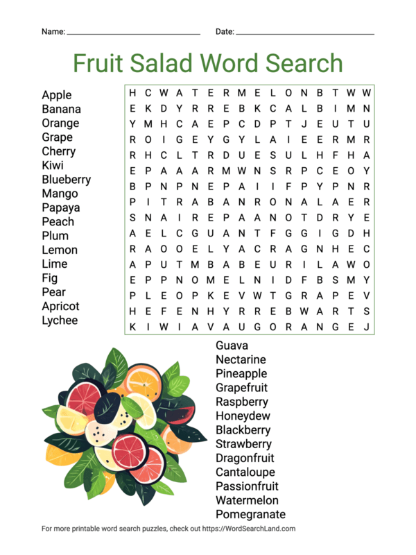 Printable Fruit Word Search Puzzles (PDF & PNG) - Word Search Land