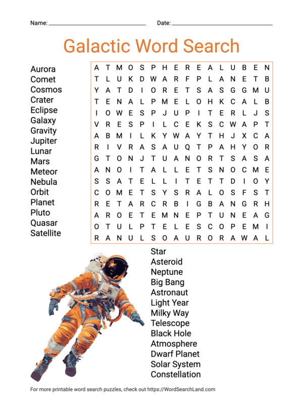 Printable Space and Astronomy Word Search Puzzles (PDF & PNG) - Word ...