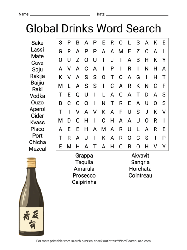 Printable Drinks Word Search Puzzles (PDF & PNG) - Word Search Land