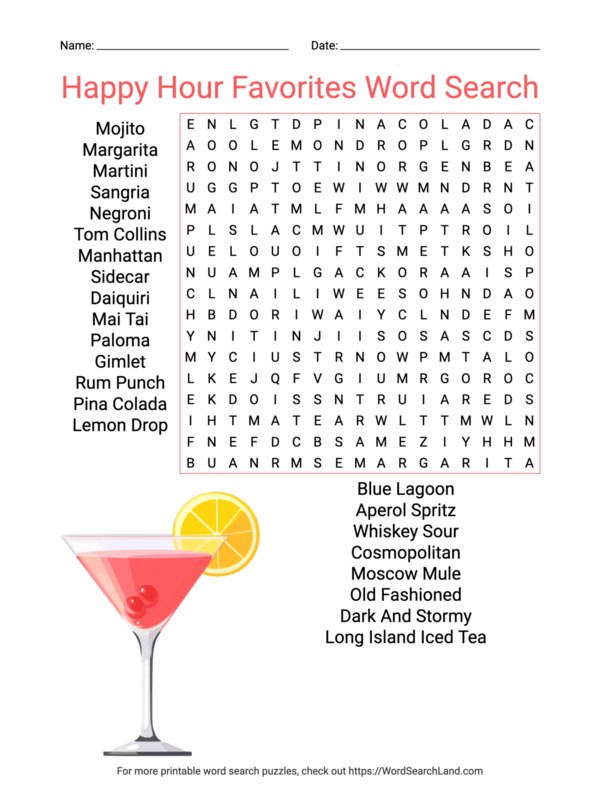 Printable Drinks Word Search Puzzles (PDF & PNG) - Word Search Land