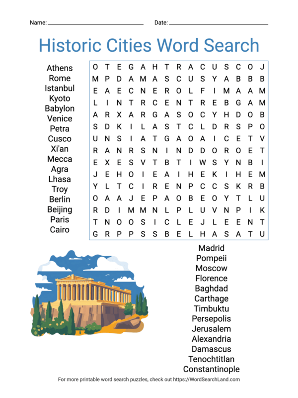 Printable Famous Landmarks Word Search Puzzles (PDF & PNG) - Word ...