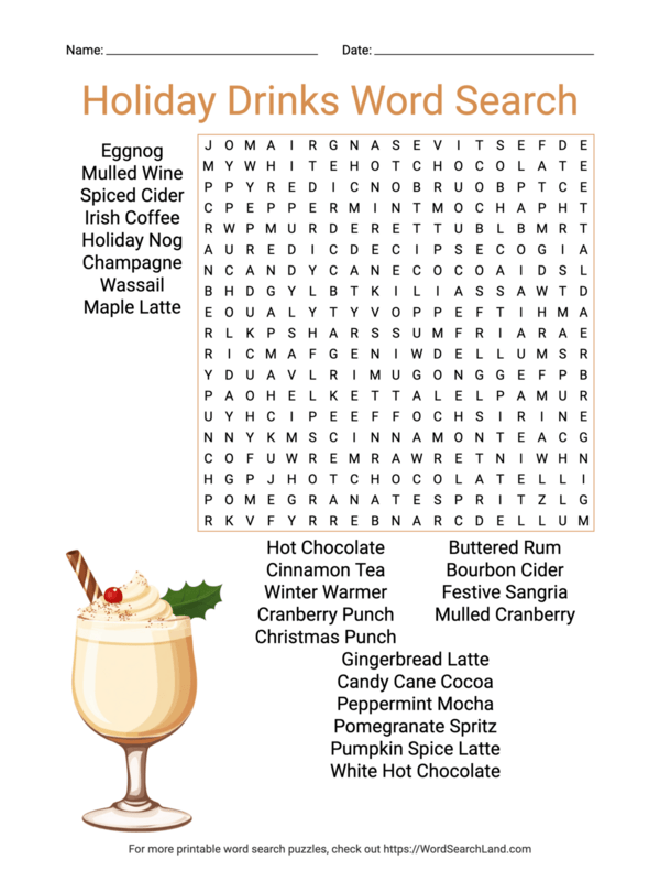 Printable Drinks Word Search Puzzles (PDF & PNG) - Word Search Land