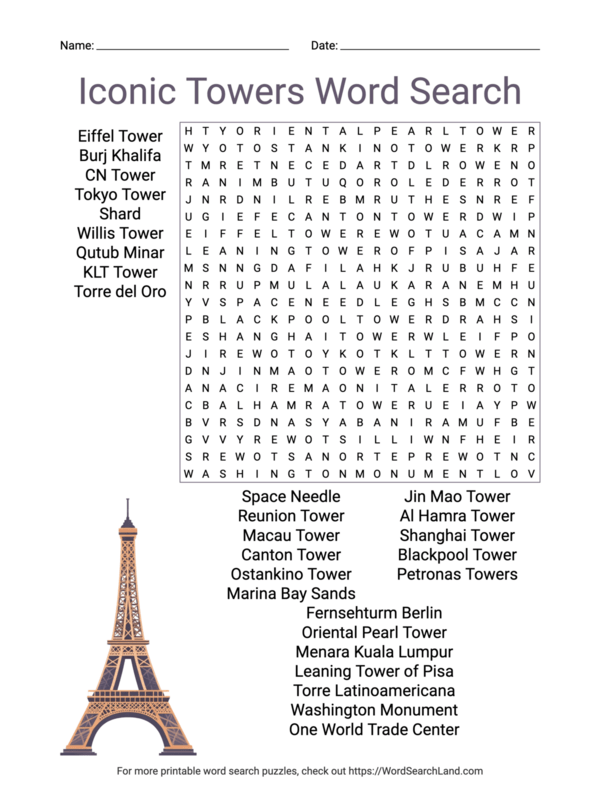 Printable Famous Landmarks Word Search Puzzles (PDF & PNG) - Word ...