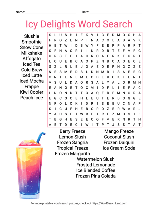 Printable Drinks Word Search Puzzles (PDF & PNG) - Word Search Land