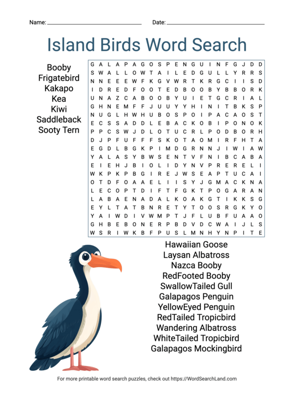 Printable Bird word Search Puzzles (PDF & PNG) - Word Search Land