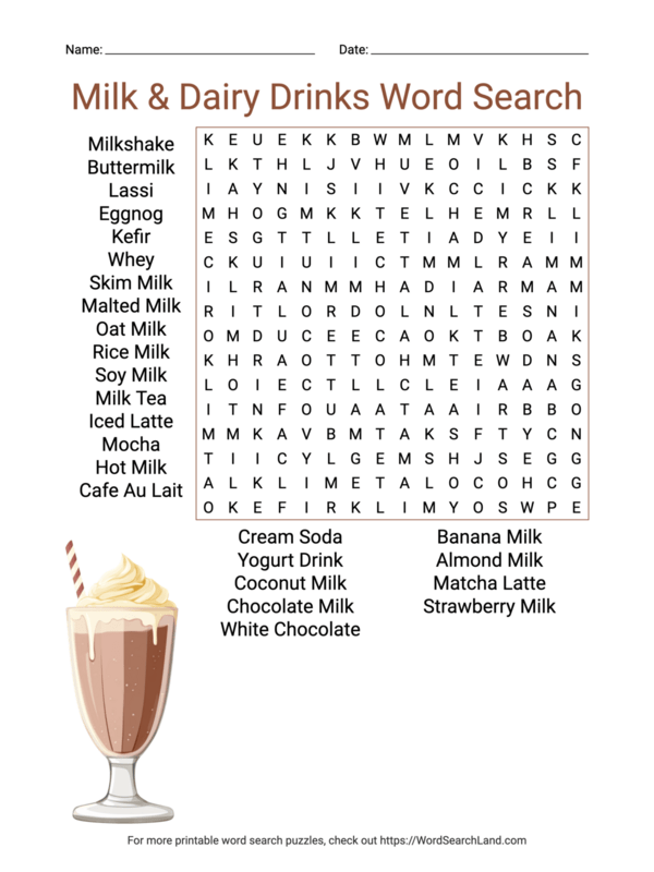 Printable Drinks Word Search Puzzles (PDF & PNG) - Word Search Land