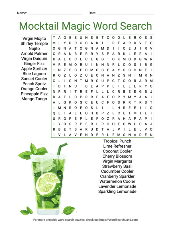 Printable Drinks Word Search Puzzles (PDF & PNG) - Word Search Land