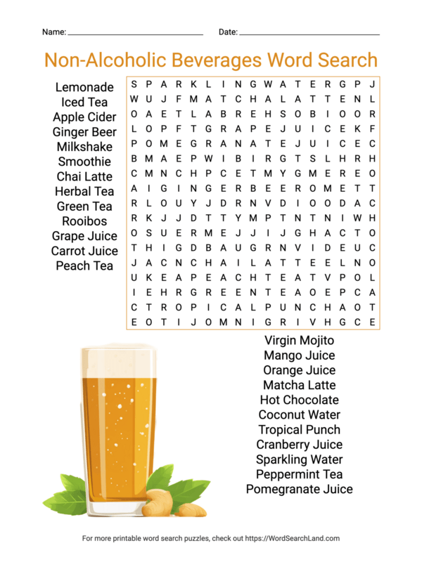 Printable Drinks Word Search Puzzles (PDF & PNG) - Word Search Land