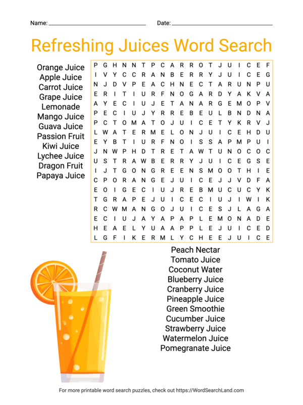 Printable Drinks Word Search Puzzles (PDF & PNG) - Word Search Land