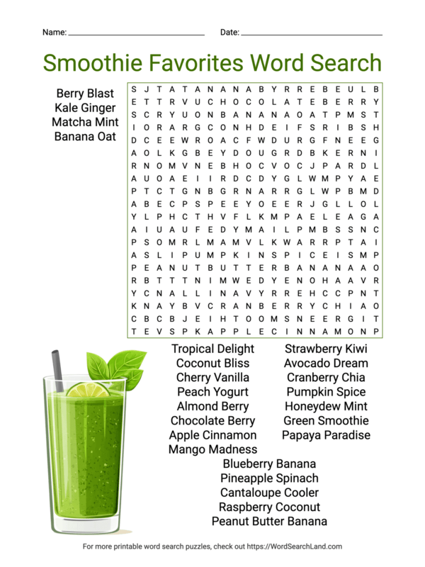 Printable Drinks Word Search Puzzles (PDF & PNG) - Word Search Land