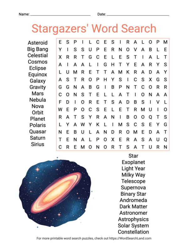 Printable Space and Astronomy Word Search Puzzles (PDF & PNG) - Word ...