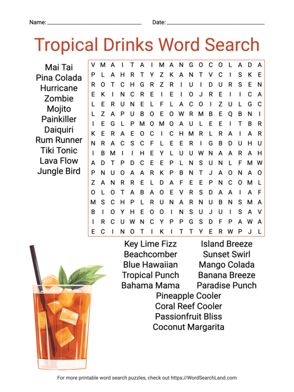 Printable Drinks Word Search Puzzles (PDF & PNG) - Word Search Land
