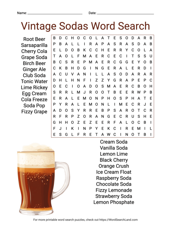 Printable Drinks Word Search Puzzles (PDF & PNG) - Word Search Land