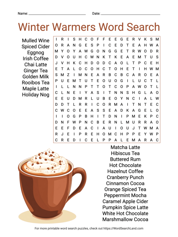 Printable Drinks Word Search Puzzles (PDF & PNG) - Word Search Land