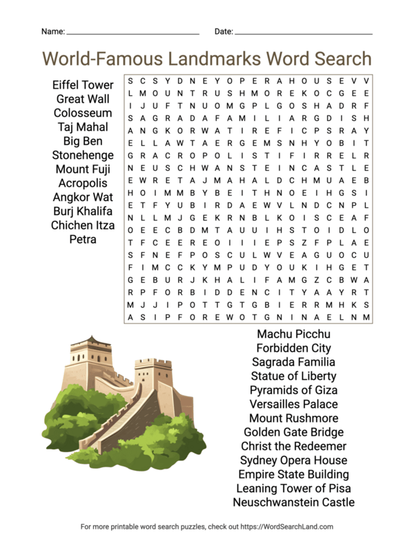 Printable Famous Landmarks Word Search Puzzles (PDF & PNG) - Word ...