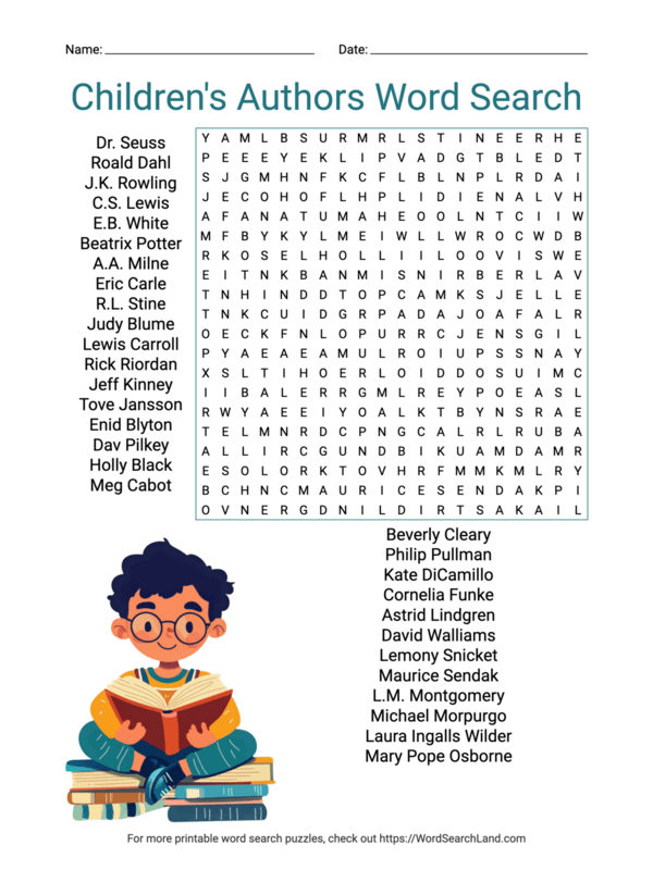 Printable Literature and Authors Word Search Puzzles (PDF & PNG) - Word ...