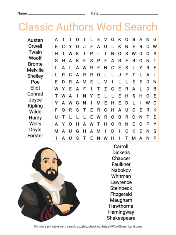 Printable Literature and Authors Word Search Puzzles (PDF & PNG) - Word ...