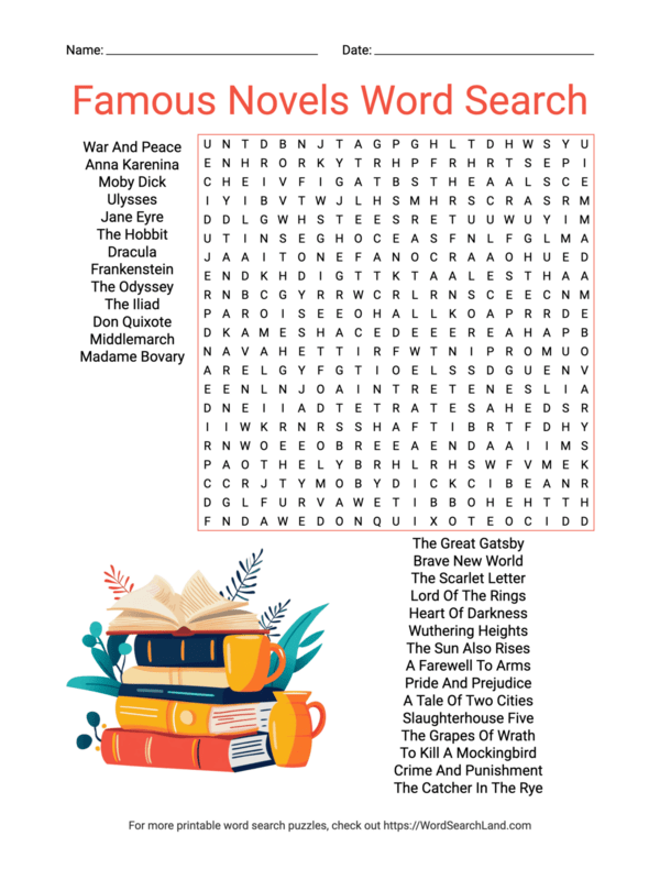 Printable Literature and Authors Word Search Puzzles (PDF & PNG) - Word ...
