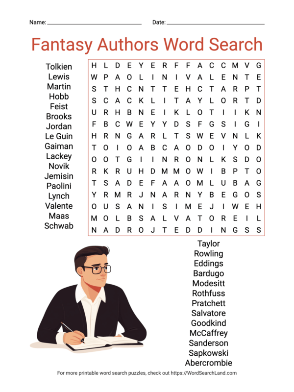 Printable Literature and Authors Word Search Puzzles (PDF & PNG) - Word ...
